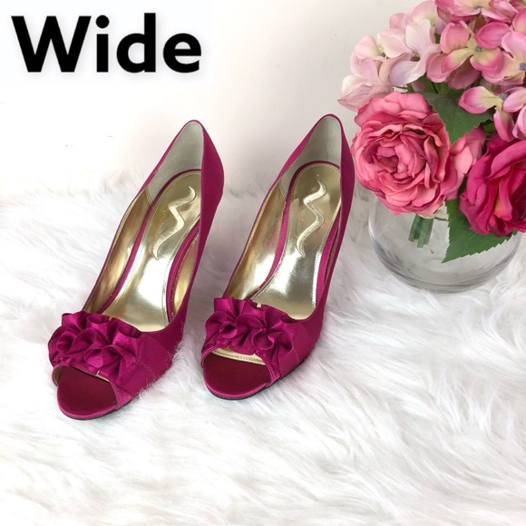 Nina | Shoes | 95w Wide Width Hot Pink Satin Peep Toe Wedge Shoe | Poshmark